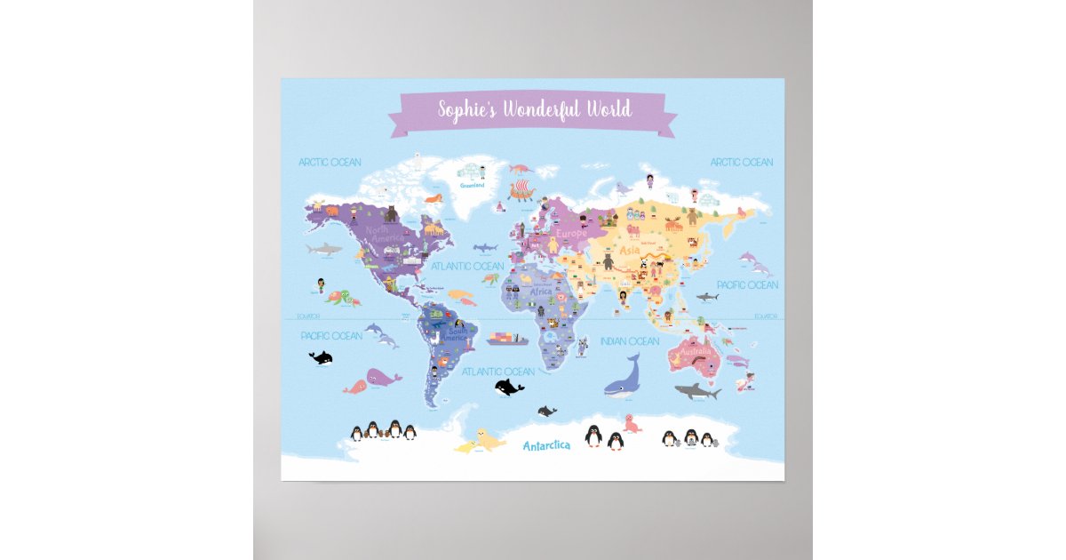 Póster Mapa del mundo infantil con Ilustraciones | Zazzle.es