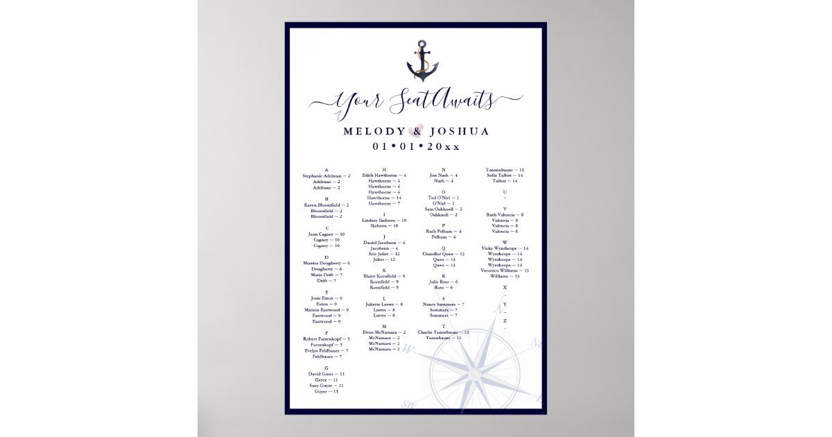 PÓSTER NAVY NAUTICAL SEATING CHART, ALFABÉTICO | Zazzle.es