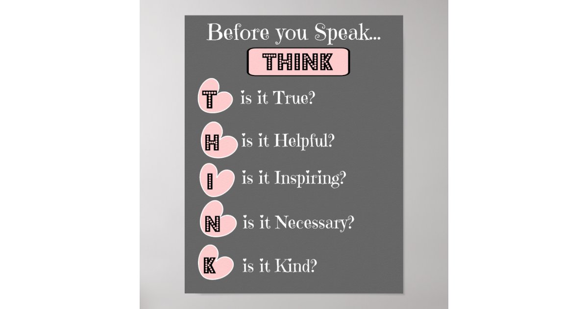 Póster PIENSA antes de hablar, Poster familiar (gris rosa | Zazzle.es