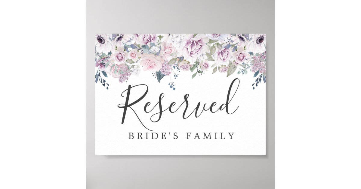 Póster Rótulo reservado de Boda floral blanco púrpura rús | Zazzle.es