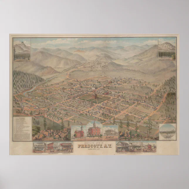 Póster Vintage Pictorial Map of Prescott Arizona (1885) | Zazzle.es
