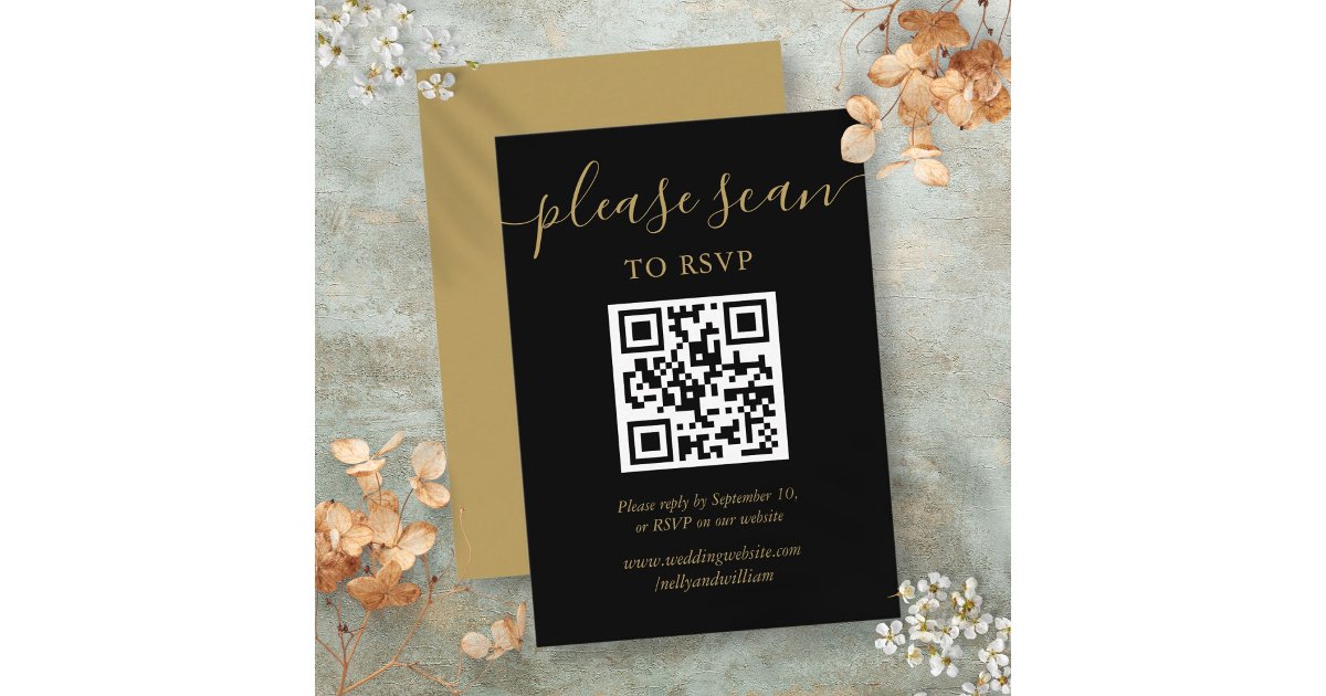 Tarjeta De Recepción Código QR de guión negro y dorado RSVP | Zazzle.es